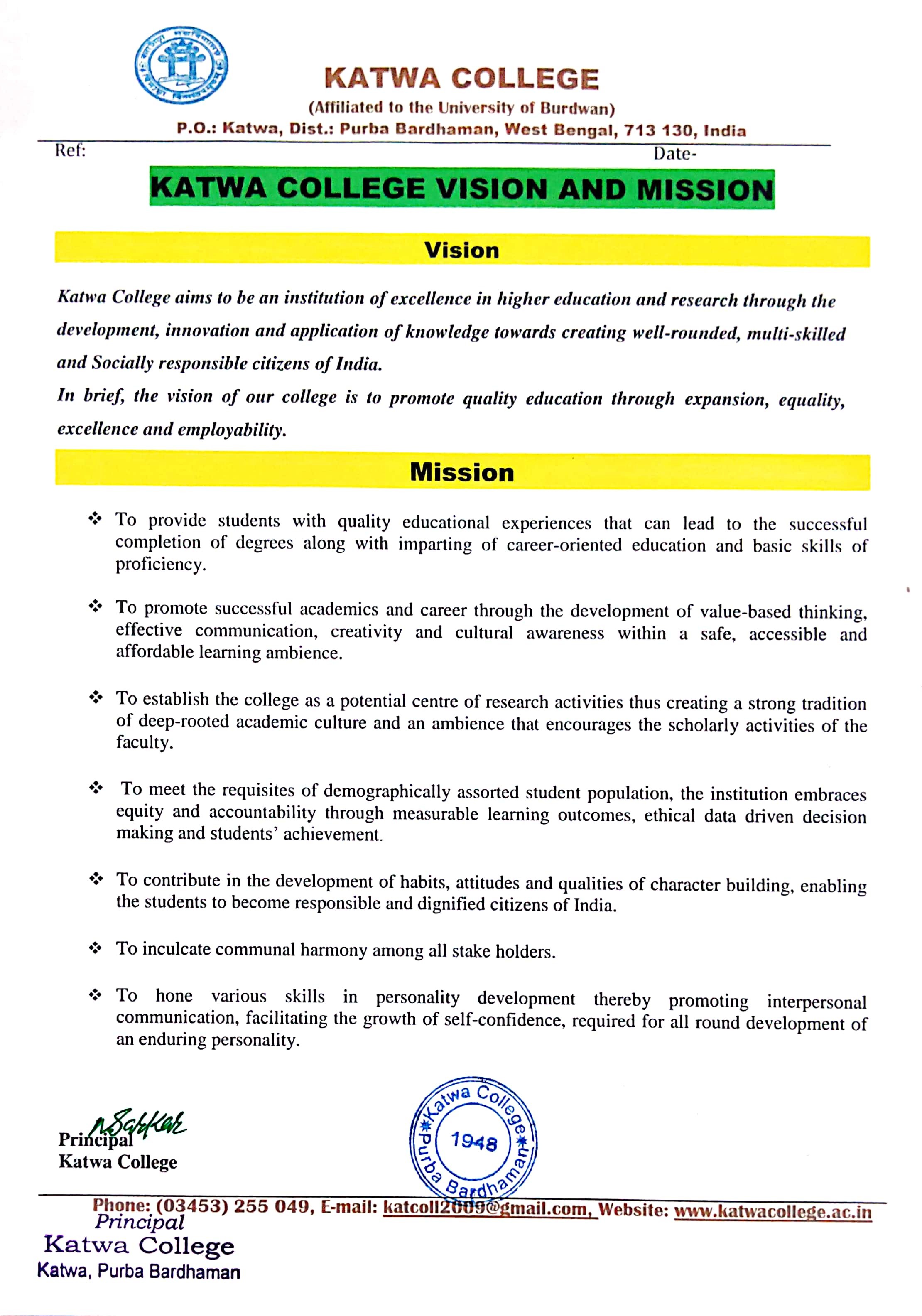 Mission And Vision : Katwa College
